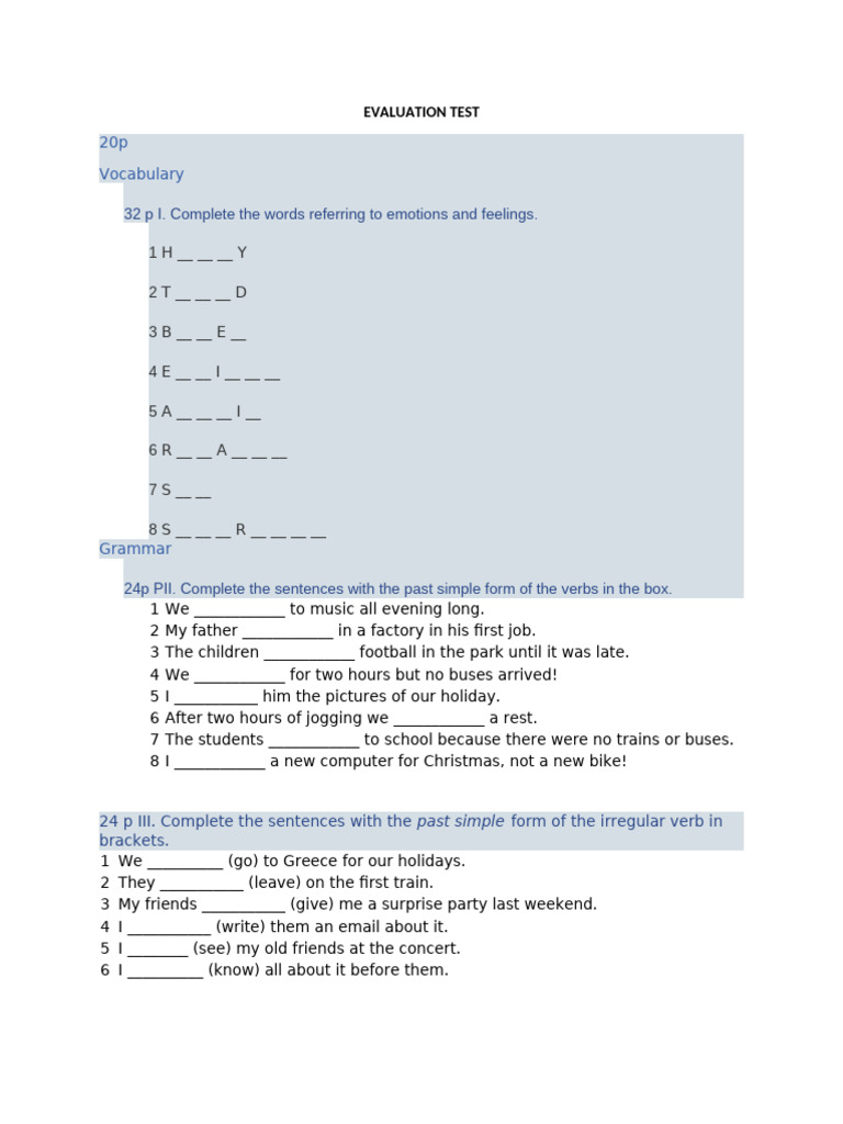 Evaluation Test 6 Past Simple | PDF