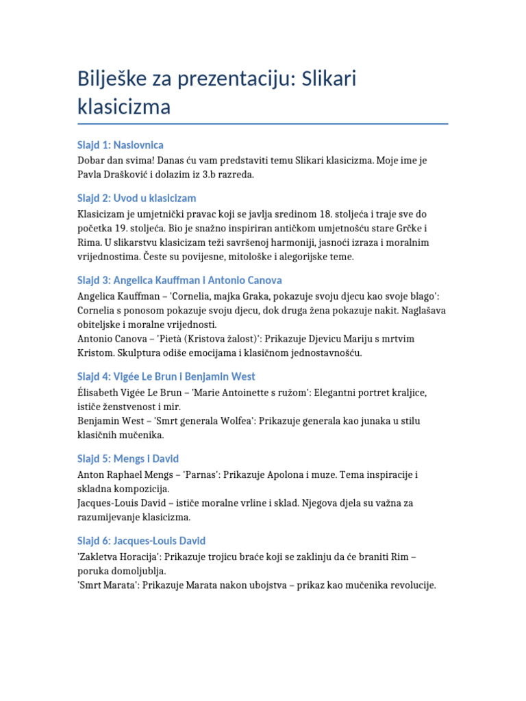 Bilješke Za Prezentaciju Klasicizam | PDF