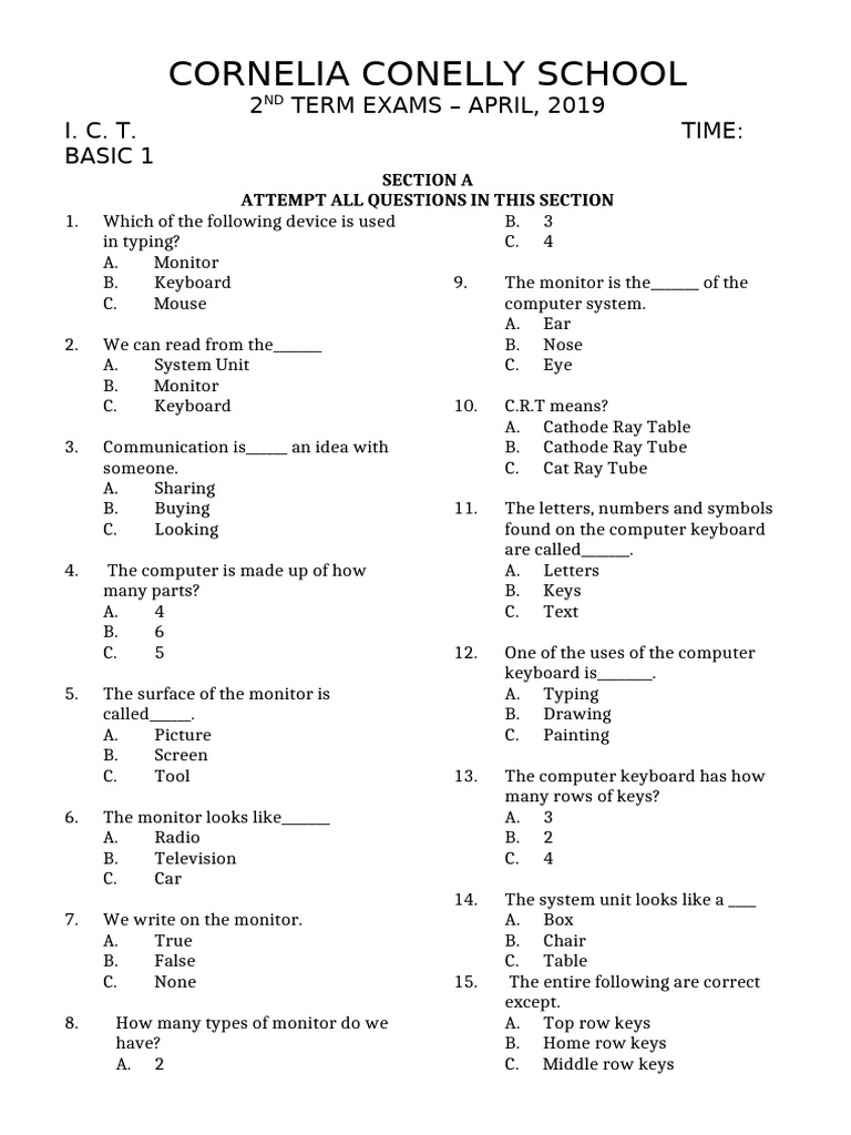 ICT Exam Questions for Basic 1 & 2 | PDF | Computer Keyboard | Booting