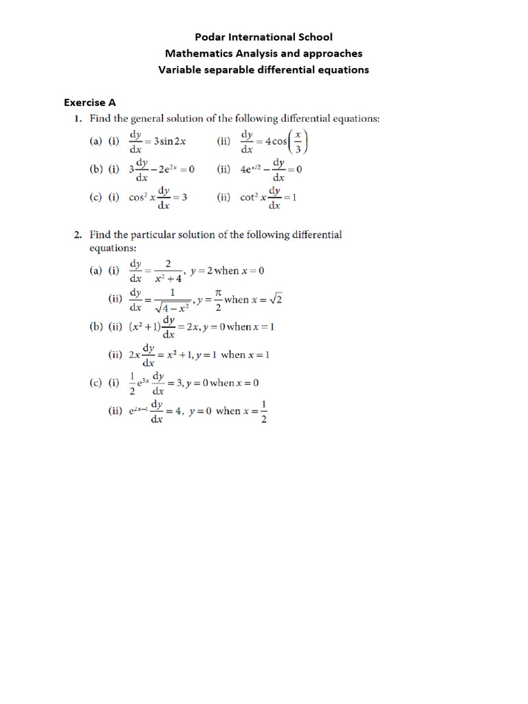 Worksheet Variable Separable Differential Equations | PDF