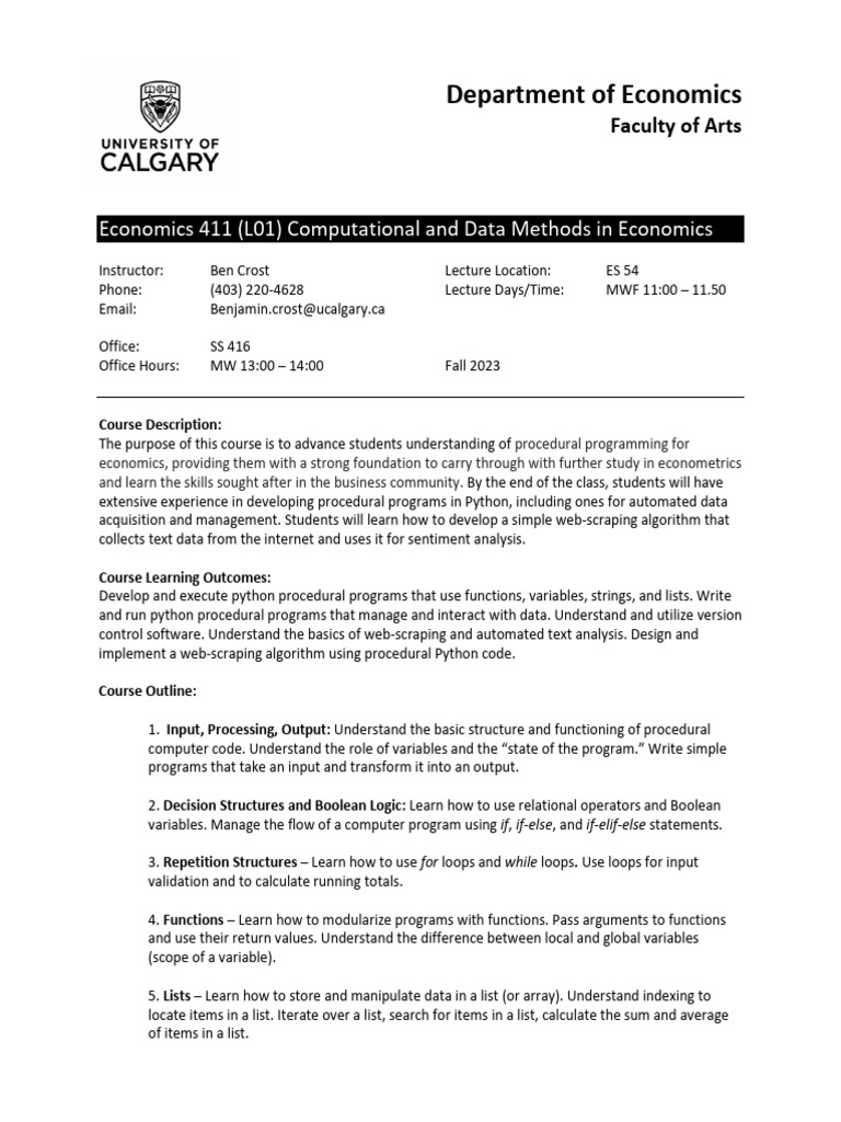 ECON411 F2023 LEC1 Outline | PDF | Computer Program | Programming