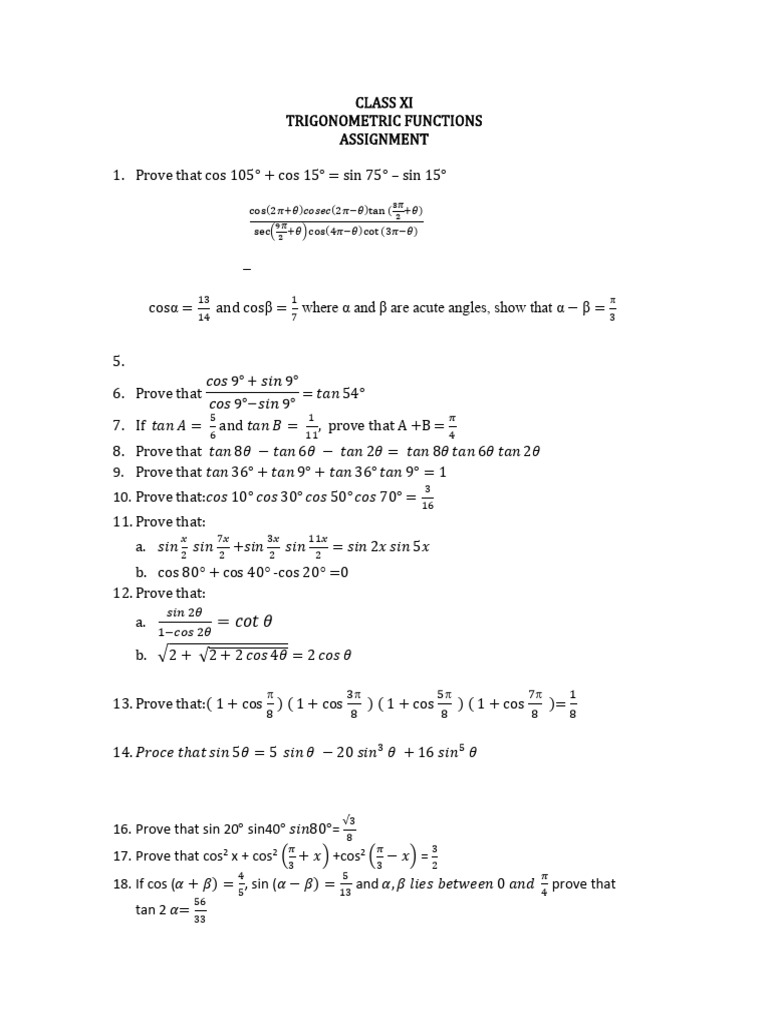 Class XI Trigonometric Functions Assignment | PDF | Chess | Chess Theory