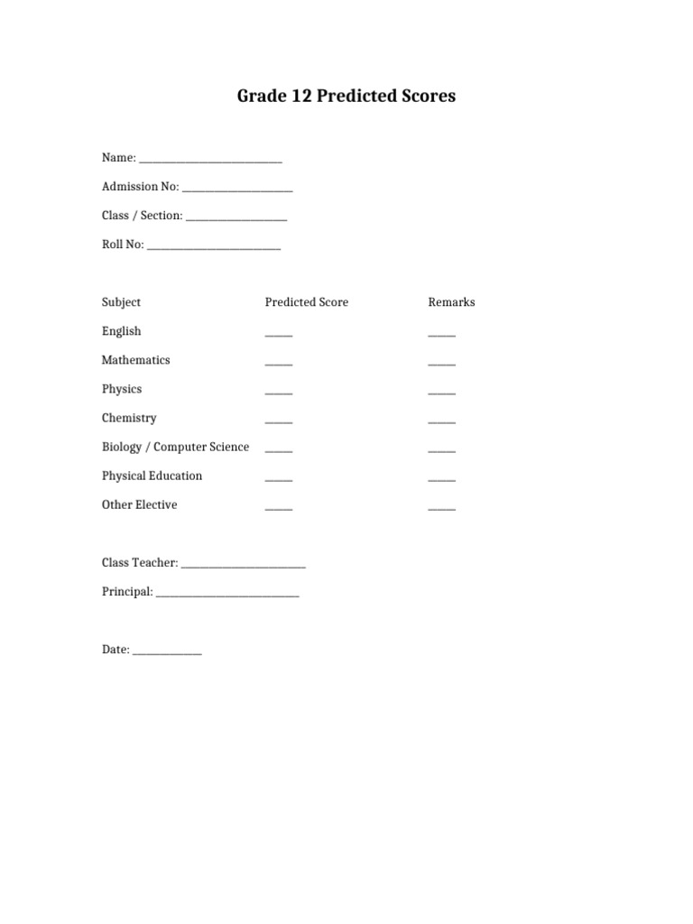 Grade 12 Predicted Scores Template | PDF