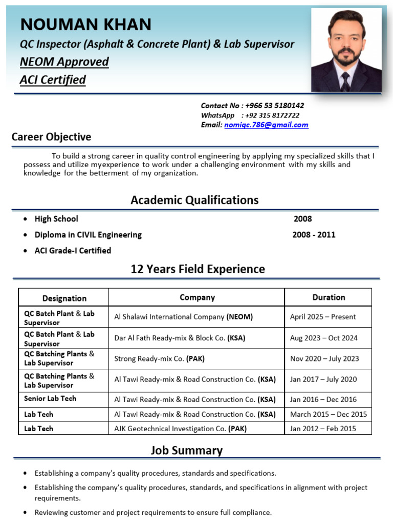 Nouman Khan QC Plant CV - Neom | PDF | Concrete | Materials