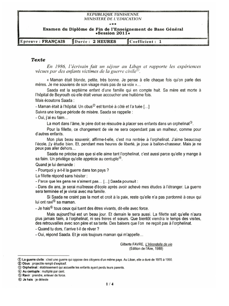 Epreuve de Francais Concours 9eme Annee 2011 | PDF