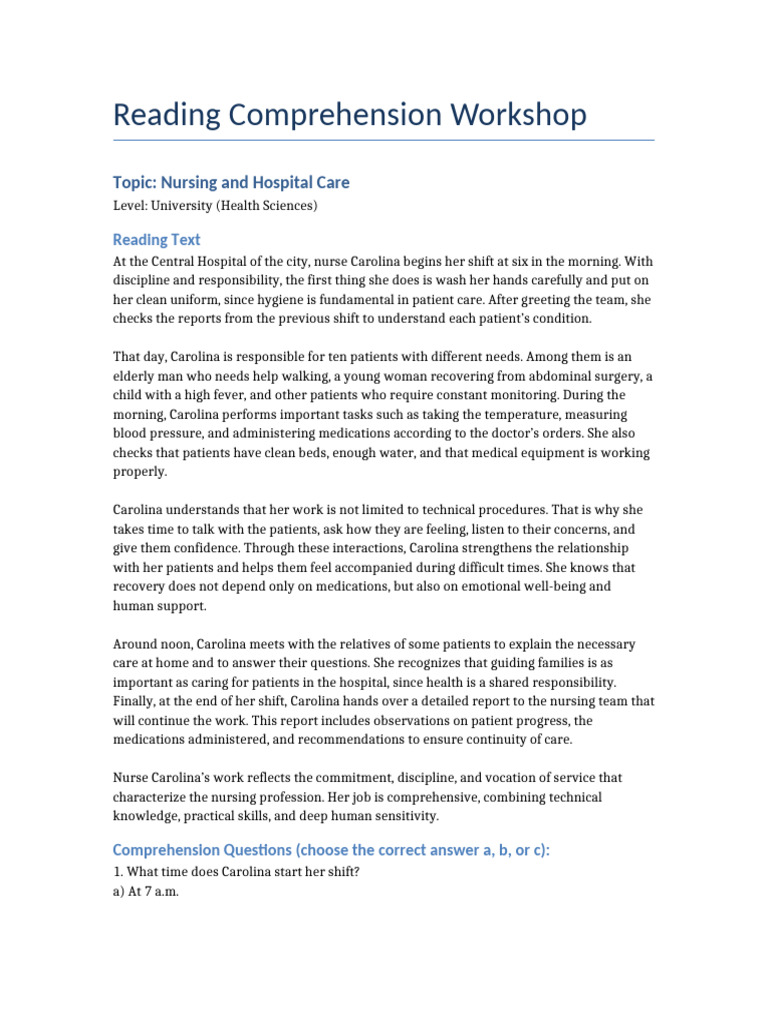 Reading Comprehension Workshop Nursing | PDF | Nursing | Patient