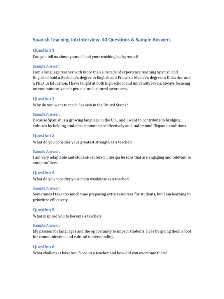 Spanish Teaching Interview 40 QA Updated | PDF | Teachers | Educational ...