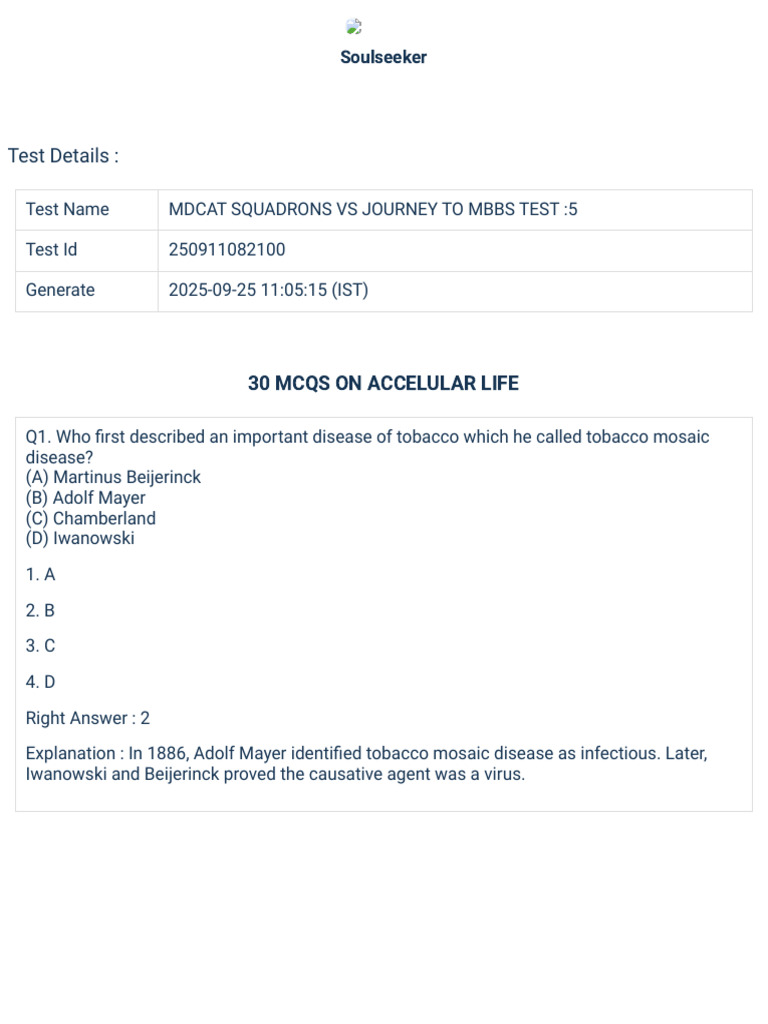 MDCAT Test: 30 MCQs on Viruses | PDF | Virus | Hiv