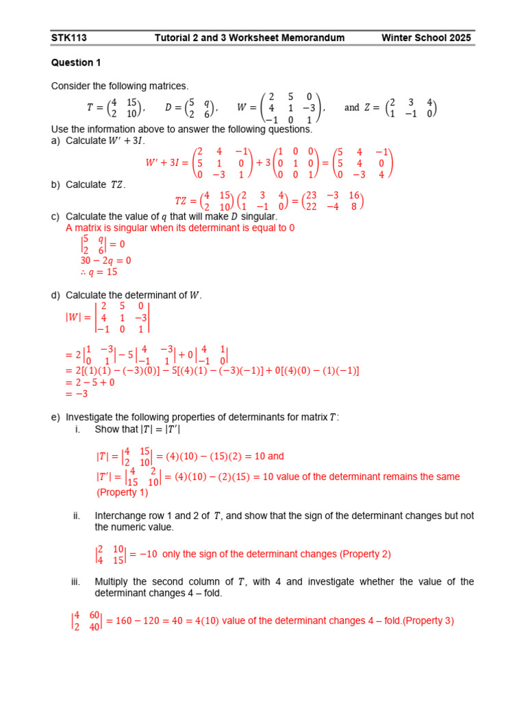STK113 - Tutorial 2 and 3 Worksheet - Memorandum 2025 | PDF ...