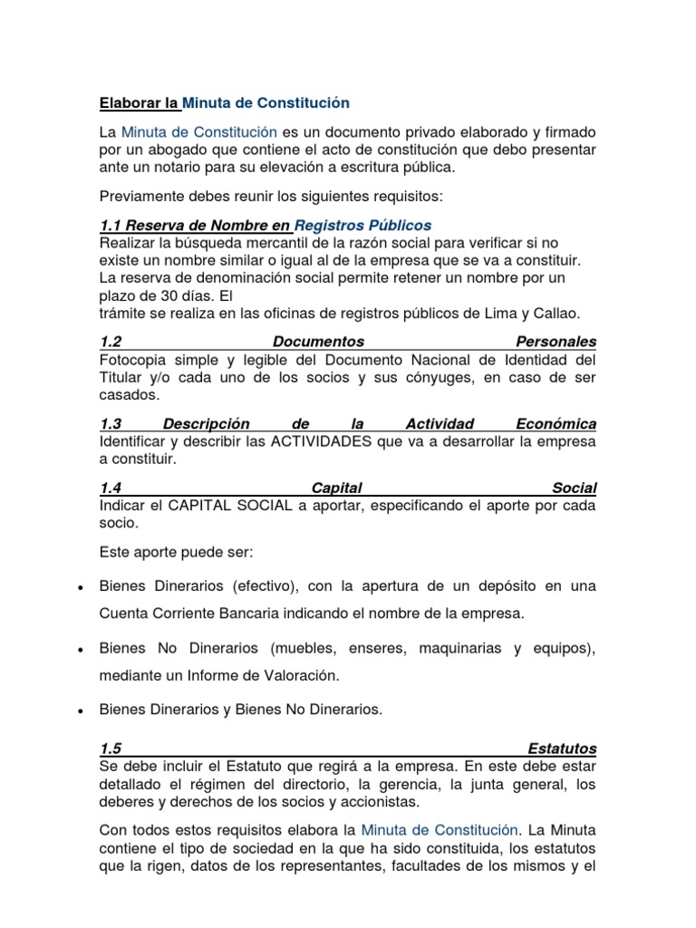 Elaborar la Minuta de Constitución