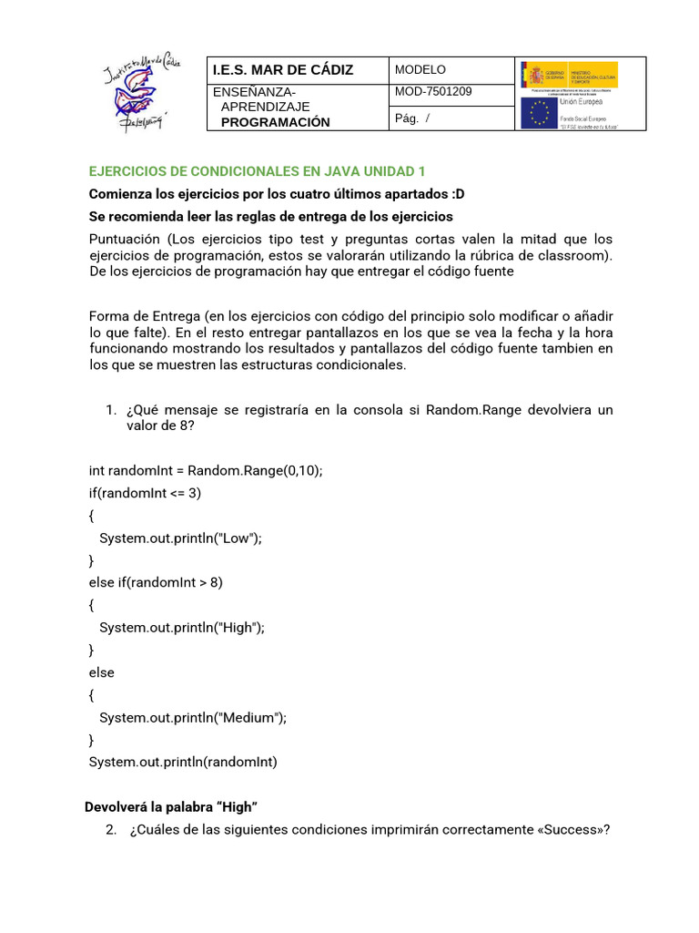 Ejercicios Condicionales Unidad2 2425 | PDF | Java (lenguaje de programación) | Enseñando
