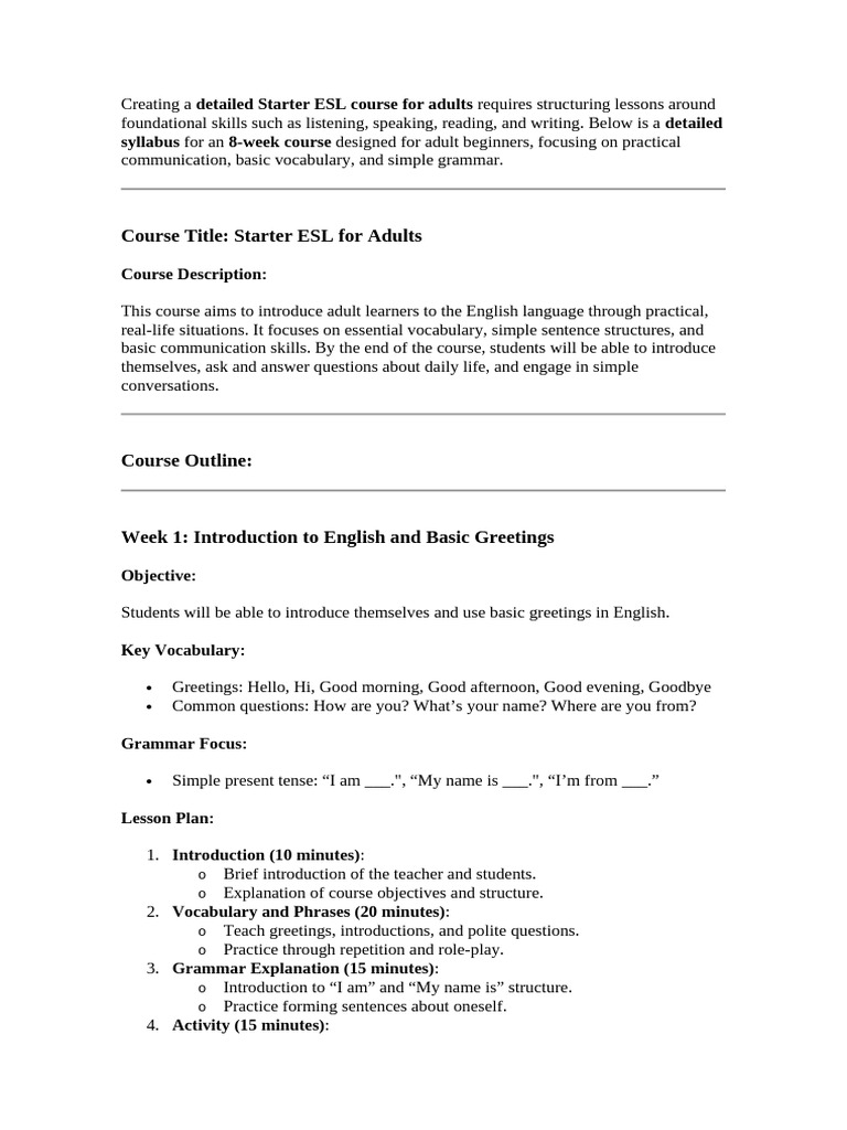 Starter ESL Course Syllabus for Adults | PDF | English As A Second Or ...