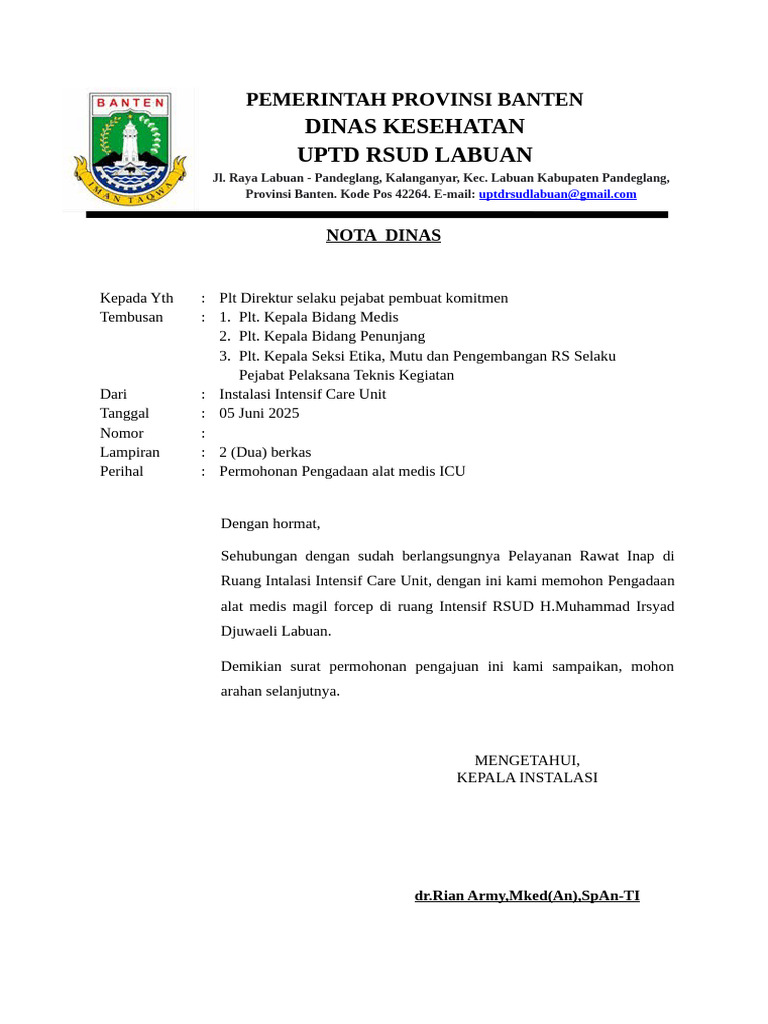 Permohonan Alat Medis ICU di Banten | PDF