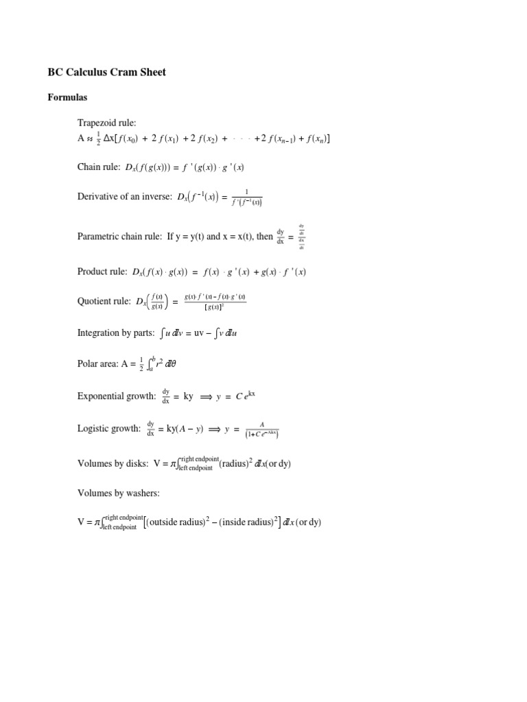 BC Calculus Cram Sheet: Formulas | PDF | Calculus | Teaching Mathematics