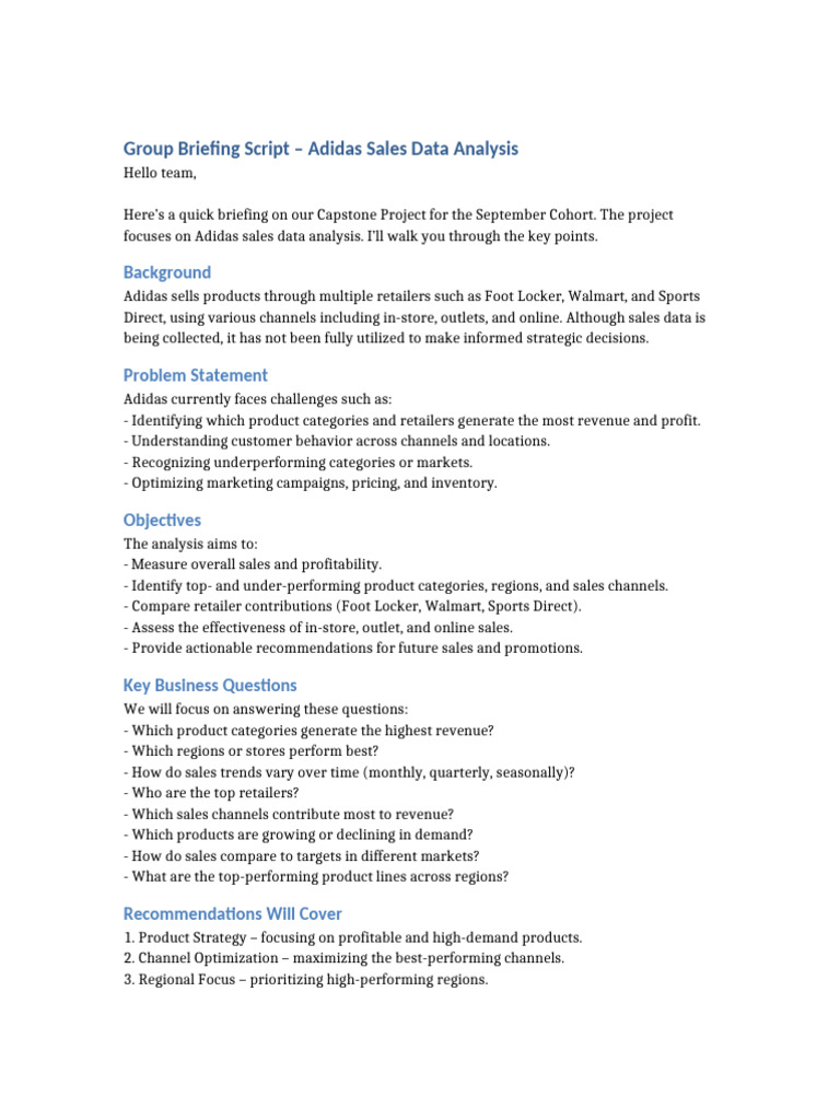Adidas Sales Project Briefing | PDF