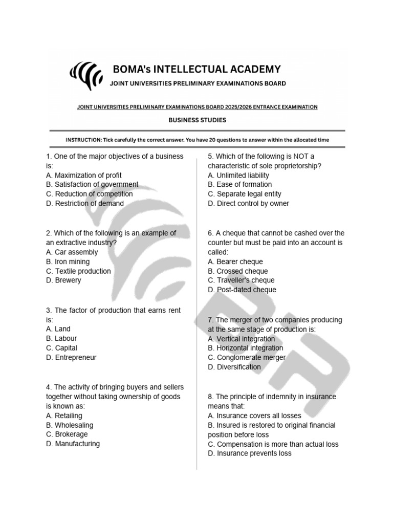 (Business Studies) Bia Jupeb Entrance Exam PDF | PDF | Payments | Dividend