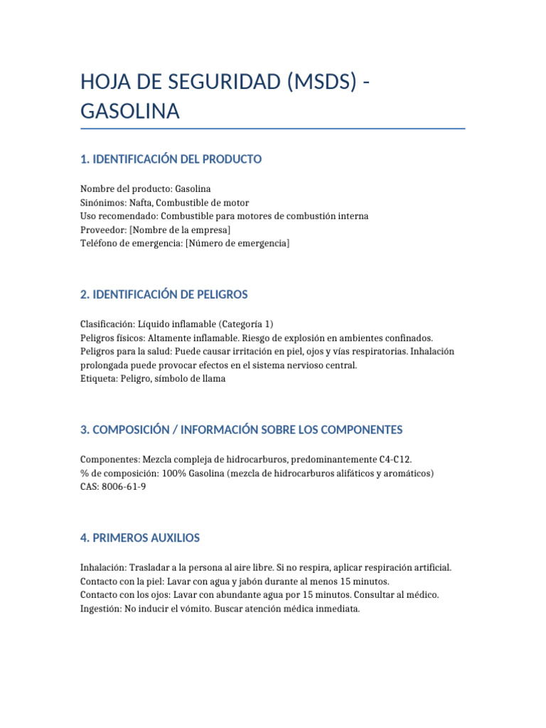 MSDS Gasolina: Seguridad y Manejo | PDF | Gasolina | Hidrocarburos