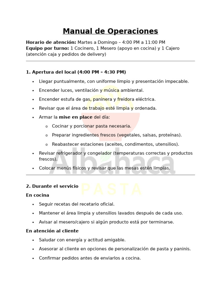 Manual de Operaciones de Restaurante | PDF