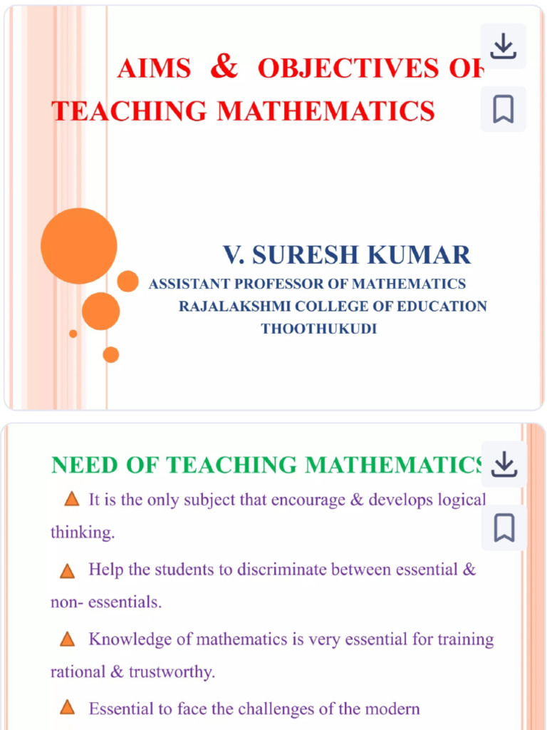 Aim and Objective of Teaching Mathematics | PDF