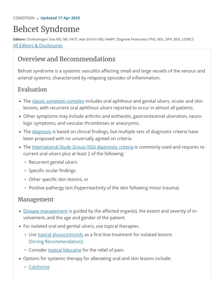 Behcet Syndrome - DynaMed | PDF | Medicine | Immunology