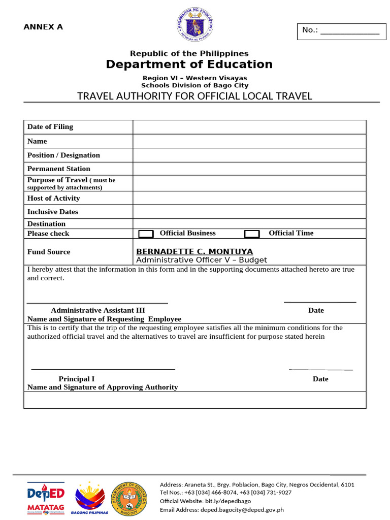 Bago City Official Travel Authority Form | PDF