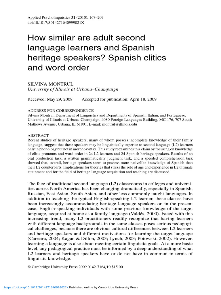 How Similar Are Adult Second Language Learners and Spanish Heritage ...