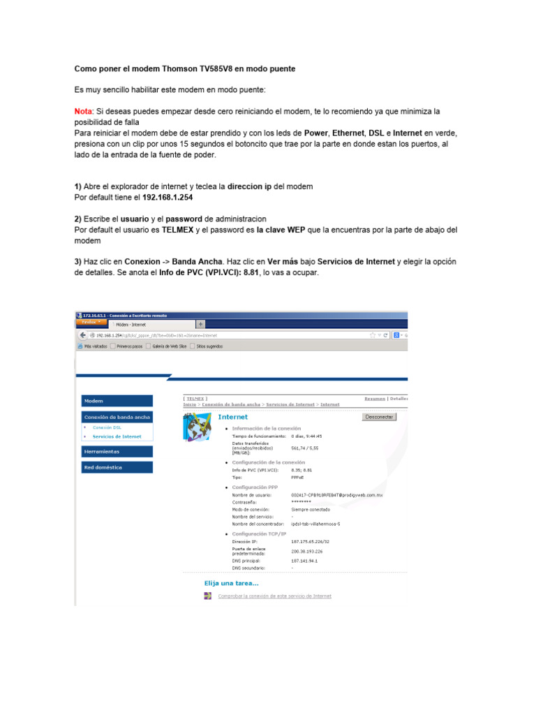 Configurar Thomson TV585V8 en modo puente | PDF