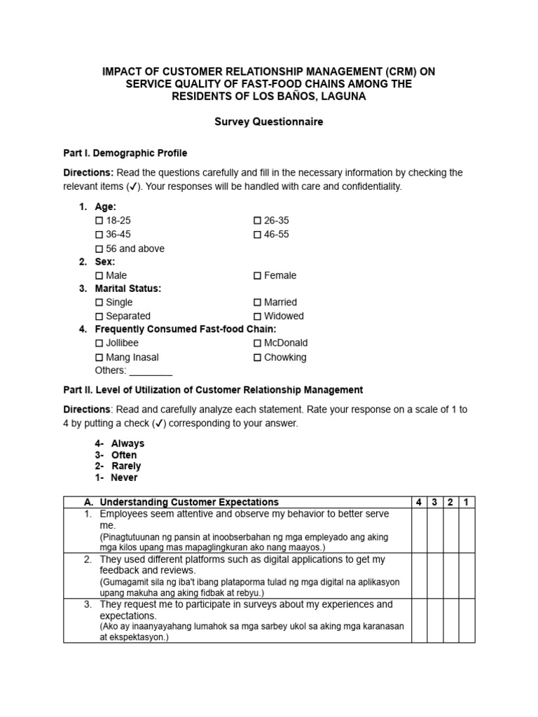 QUESTIONNAIRE For Print | PDF | Customer Relationship Management