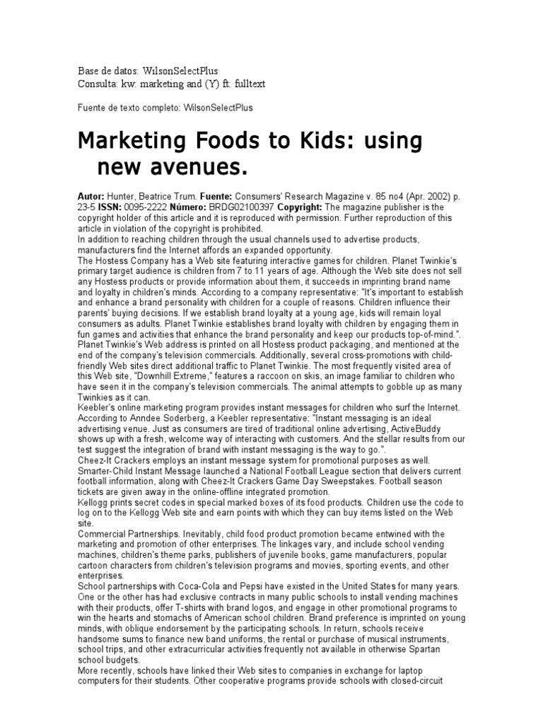 Marketing Food To Kids Pdf Food And Drink Obesity