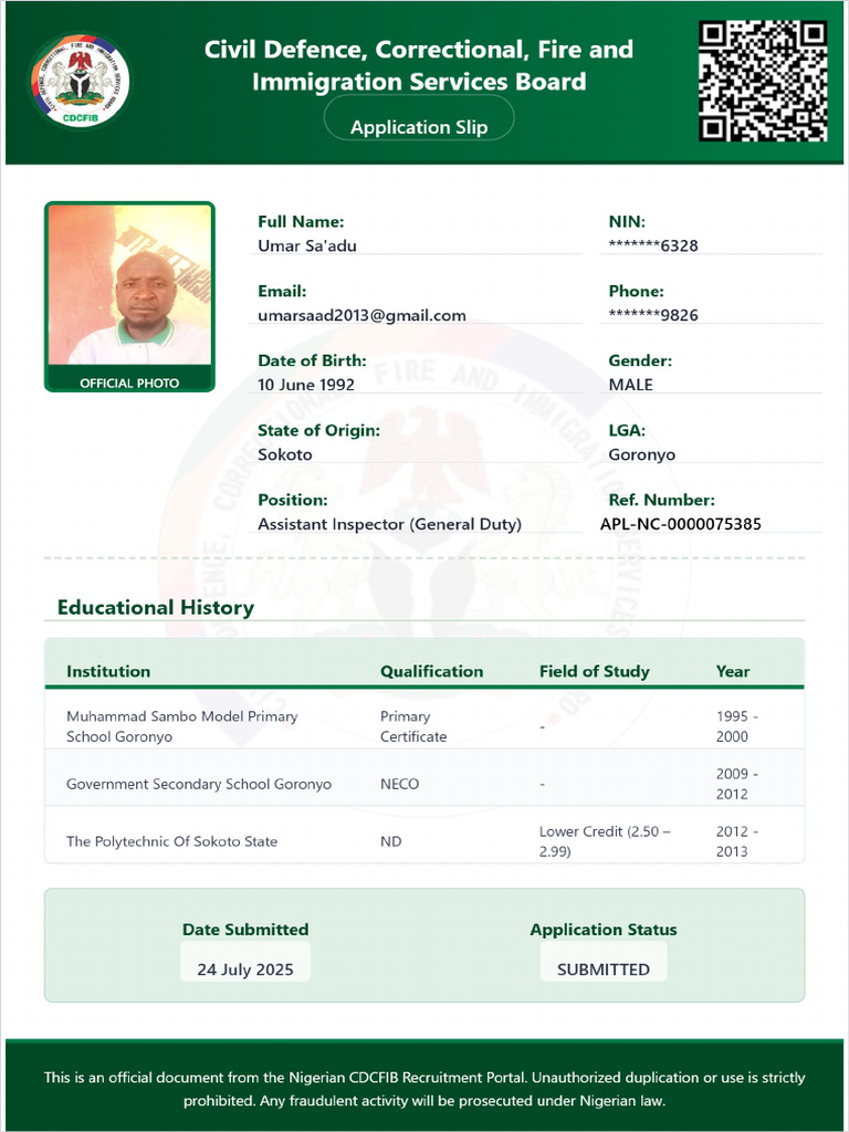 Umar Kwakwazo Sa'Adu Application Slip | PDF