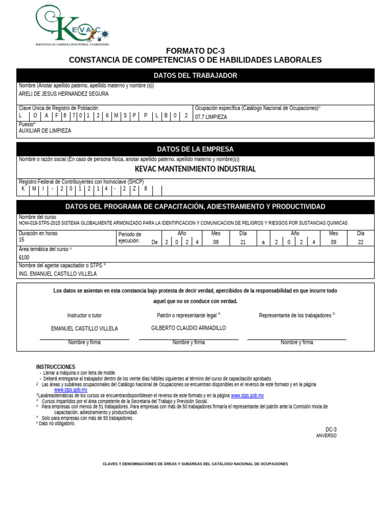 Formato DC3 Kevac 21 09 24 MARIA FABIOLA LOPEZ ALVISO | PDF