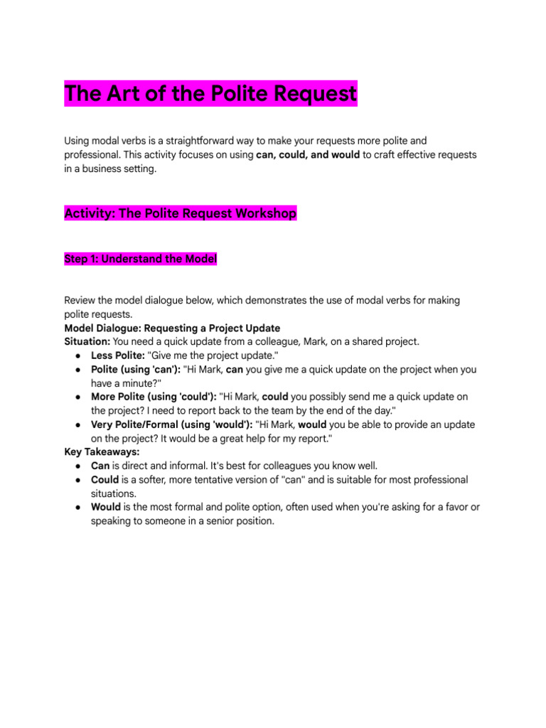 Mastering Polite Requests in Business | PDF | Syntax | Grammar