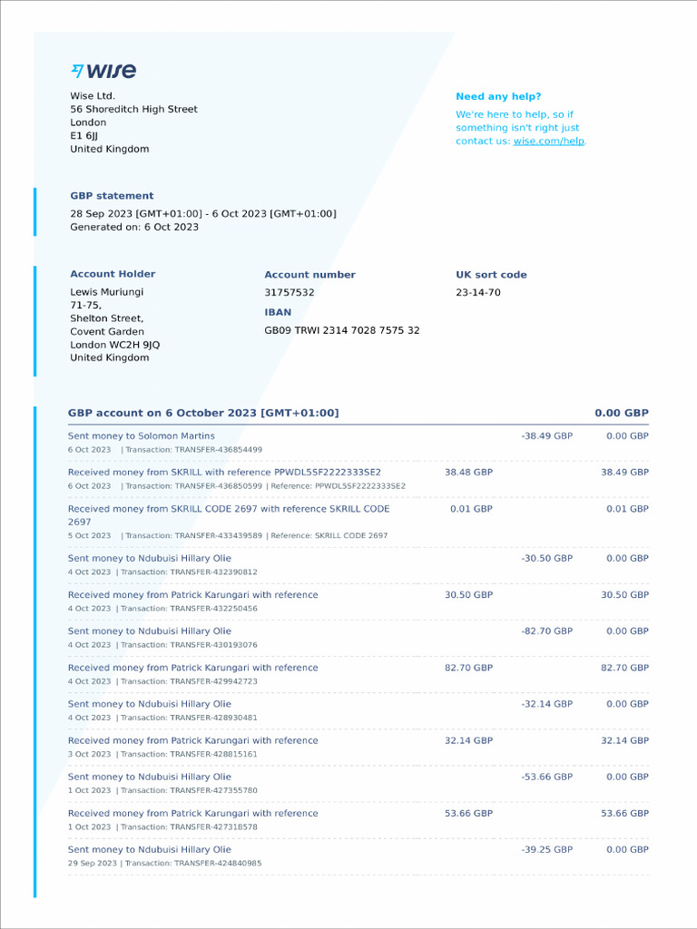 Wise Bank Statement | PDF