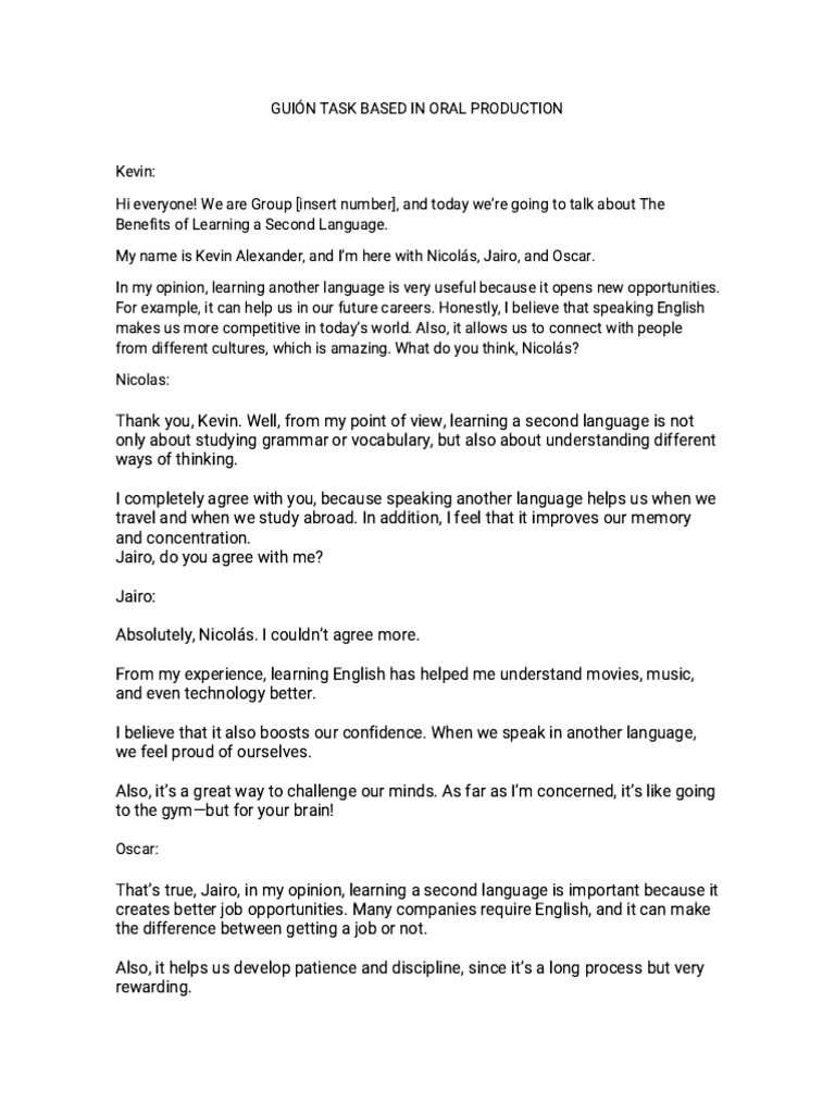 Guión Task Based in Oral Production | PDF