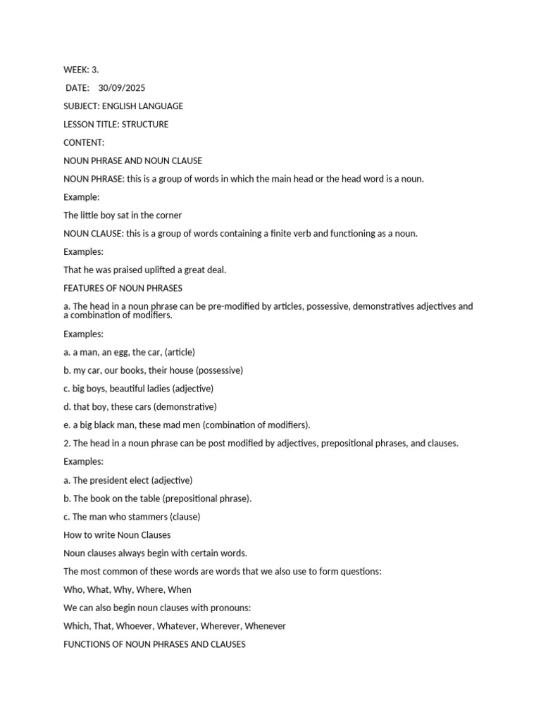 WEEK Noun Phrases Students Note | PDF | Phrase | Subject (Grammar)