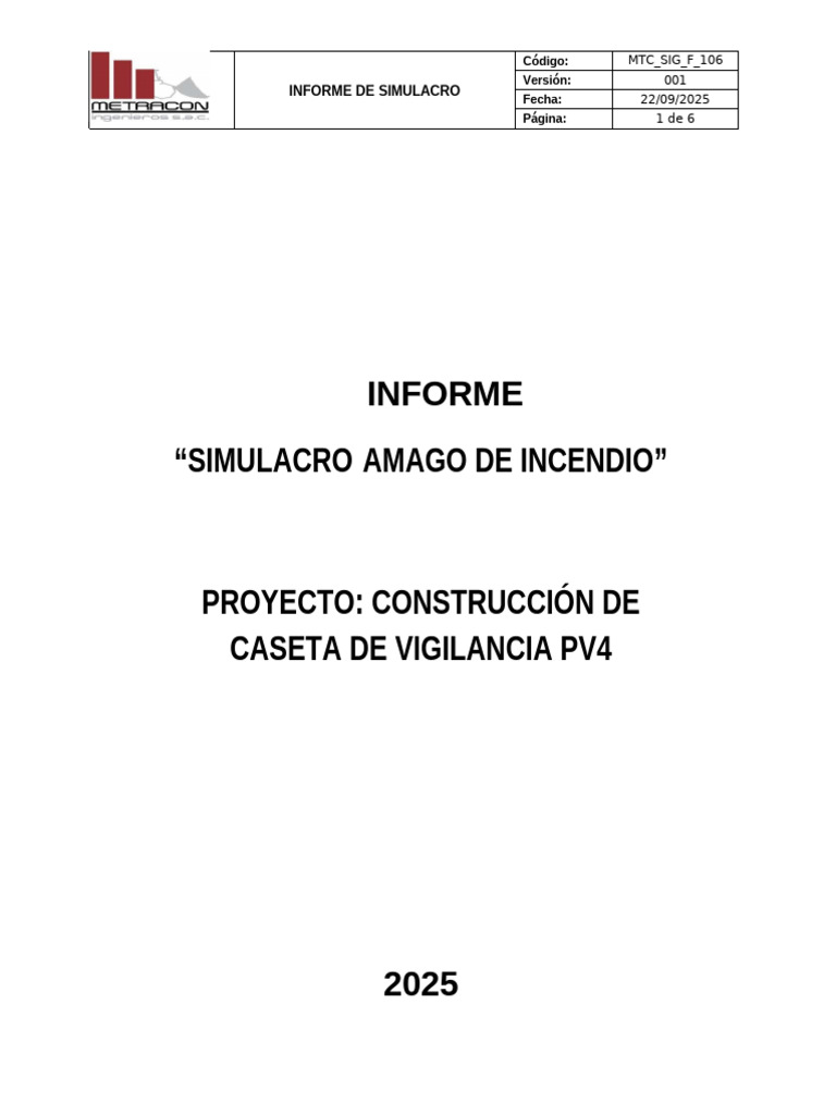 Informe Simulacro Amago Incendio METRACON 22.09.2025 Rev.01 | PDF