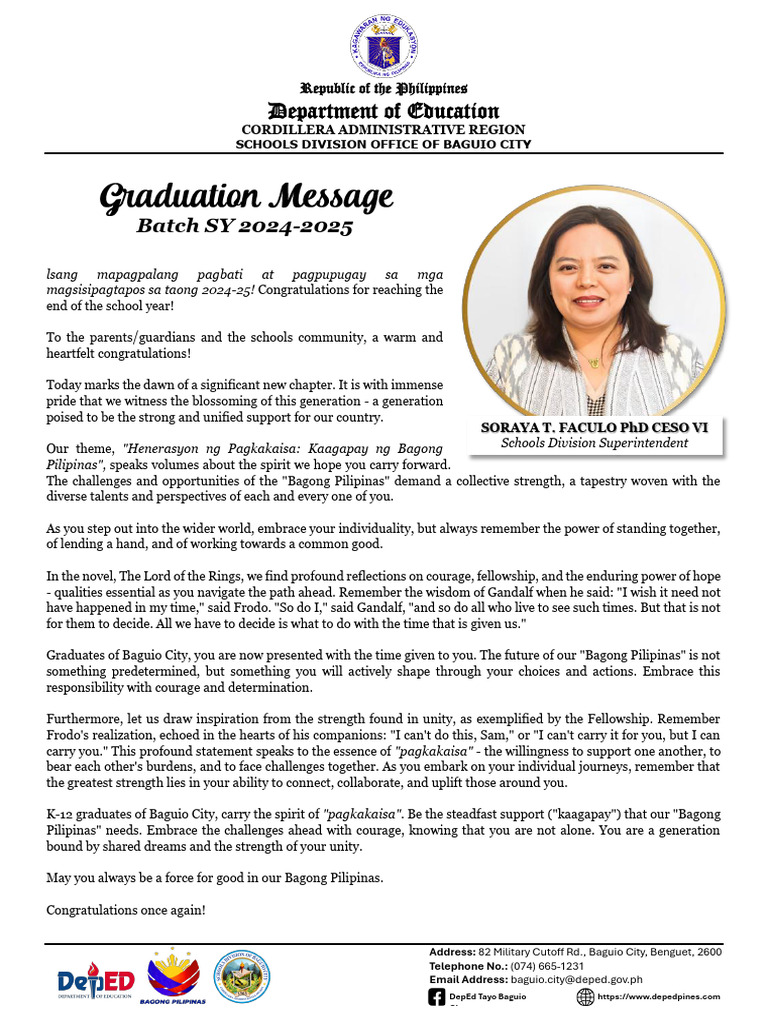 Baguio City K-12 Graduation Message 2024-25 | PDF | English Fantasy ...