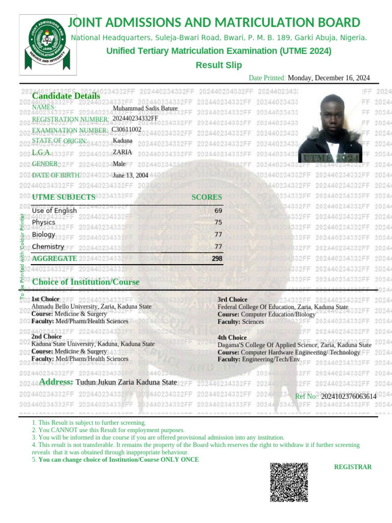 Muhammad Sadis Bature Result Slip | PDF