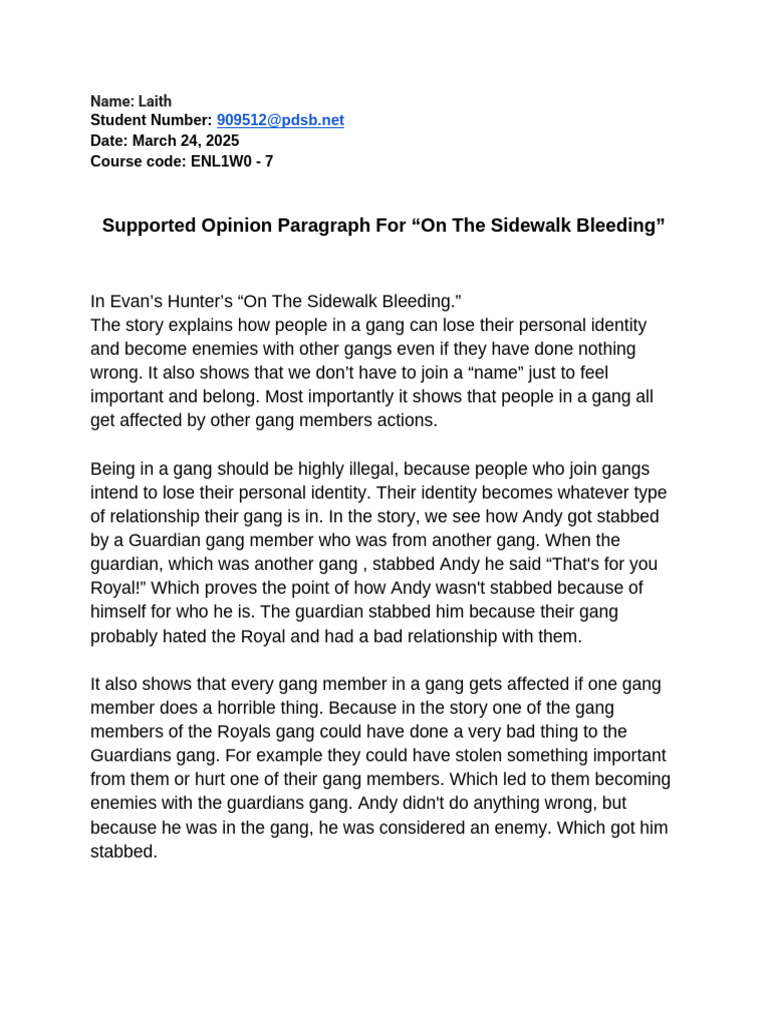 Supported Opinion Paragraph For "On The Sidewalk Bleeding" | PDF