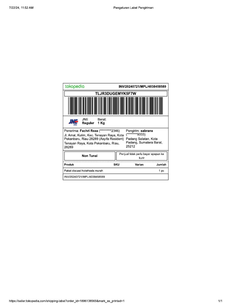 Label JNE Ke Pekanbaru | PDF