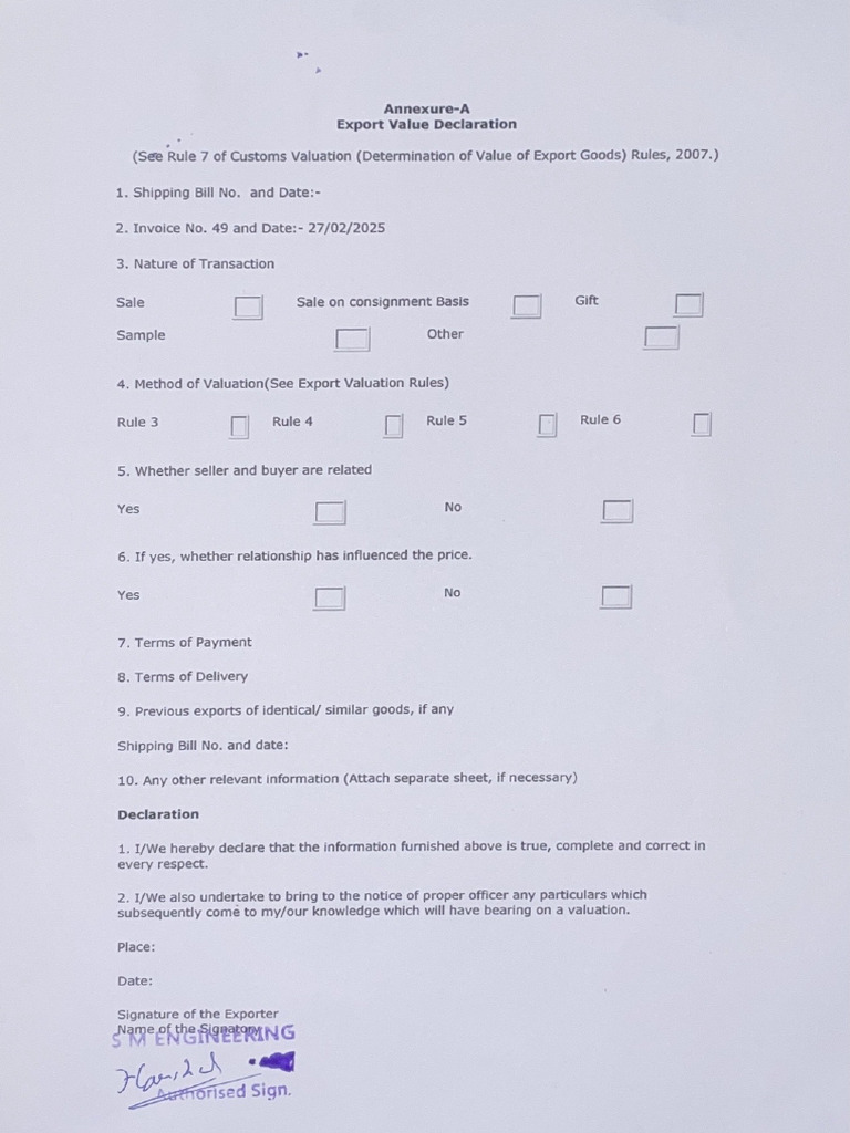 Export Value Declaration | PDF