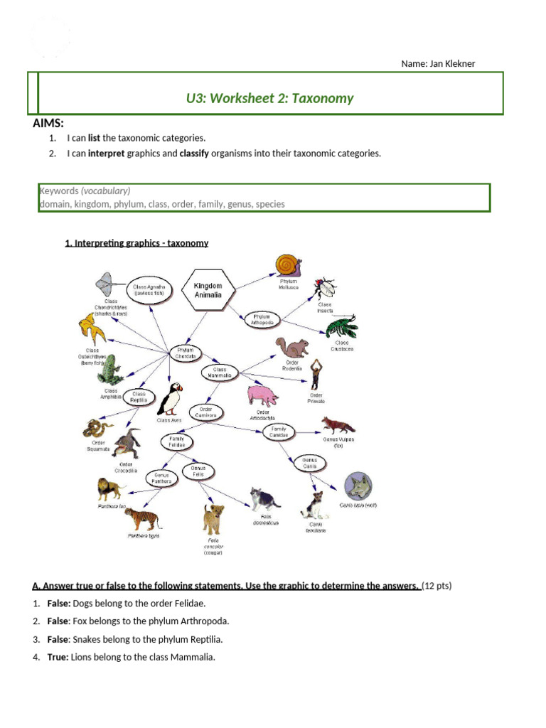 Taxonomy Worksheet: Classifying Organisms | PDF | Panthera | Zoology