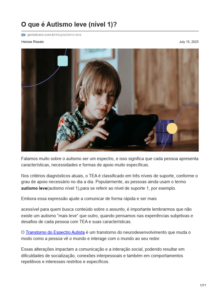 O Que É Autismo Leve Nível 1 | PDF | Autismo | Distúrbio mental