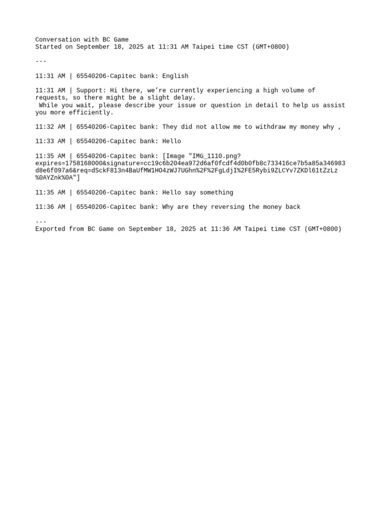 BC Game Support Conversation Log | PDF