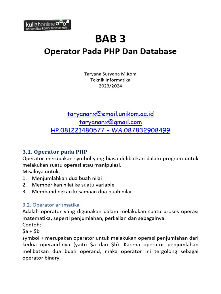 Materi 3 Operator Pada PHP Dan SQL 2023-2024 | PDF