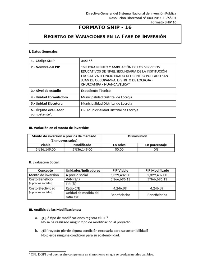 Formato SNIP 016 Mejoram I.E. Leoncio Prado de Occopampa | PDF | Salón de clases