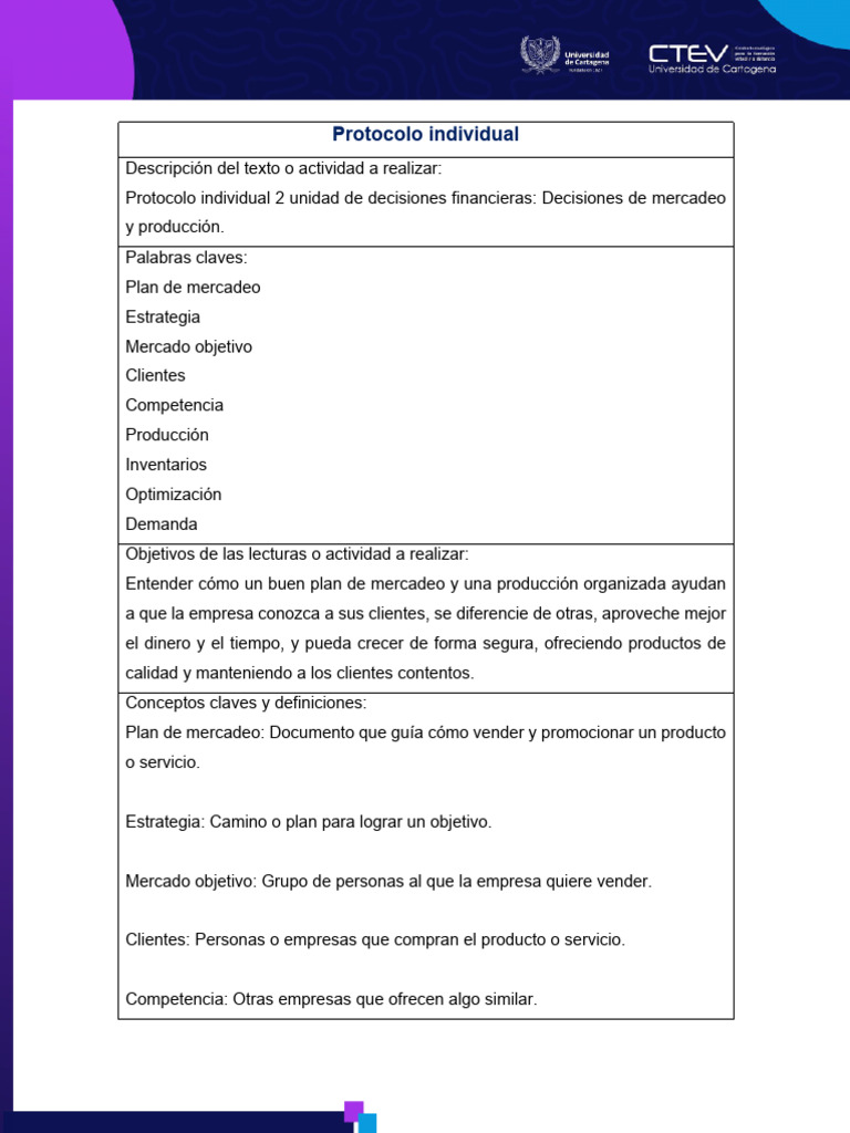 Protocolo 2 Und Decisiones Finan | PDF | Marketing | Business