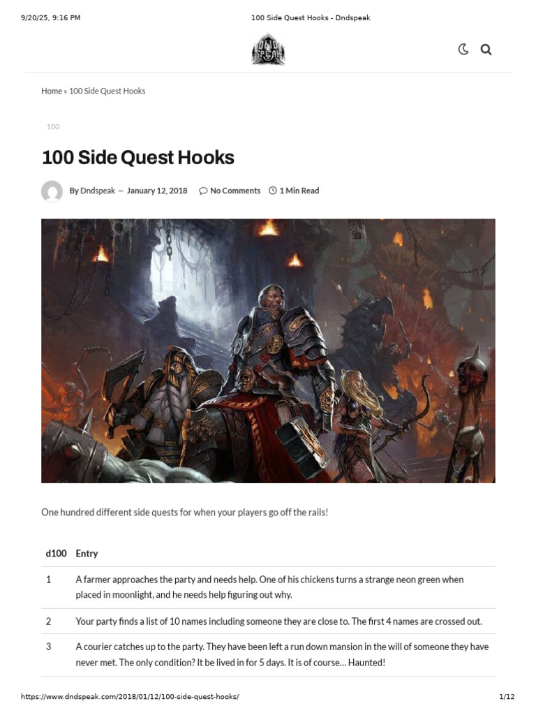 100 Side Quest Hooks - Dndspeak | PDF