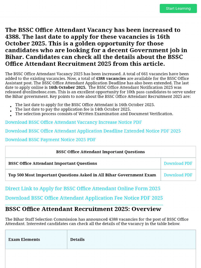 BSSC Office Attendant 2025exam Info | PDF