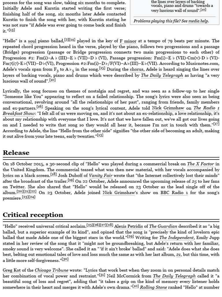 Hello (Adele Song) - Wikipedia-2 | PDF | Pop Songs | Pop Music